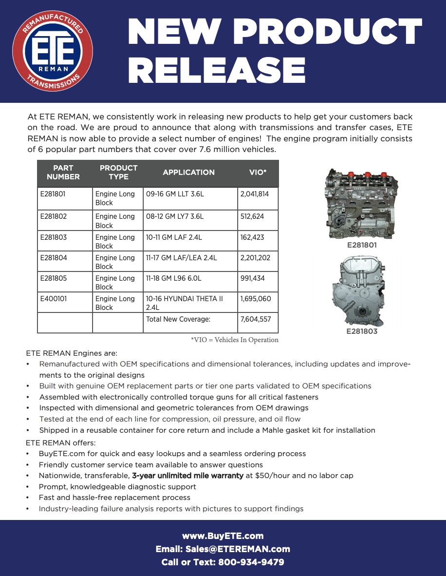 ETE New Product Release - October 2020 - ETE REMAN | The world’s best ...